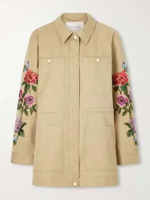 Carolina Herrera Floral-embroidered Cotton-gabardine Jacket - Camel