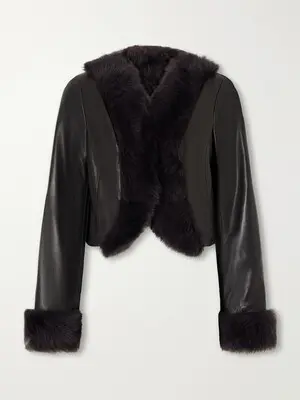 Nour Hammour Cropped Shearling-trimmed Leather Jacket - Black