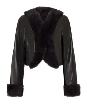 NOUR HAMMOUR Cropped Shearling-Trimmed Leather Jacket