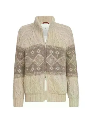 Brunello Cucinelli Virgin Wool, Silk And Cashmere Chiné Cable Knit Down Jacket With Intarsia