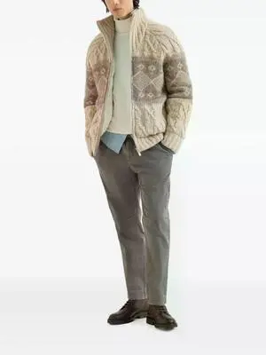 Brunello Cucinelli Virgin Wool, Silk And Cashmere Chiné Cable Knit Down Jacket With Intarsia