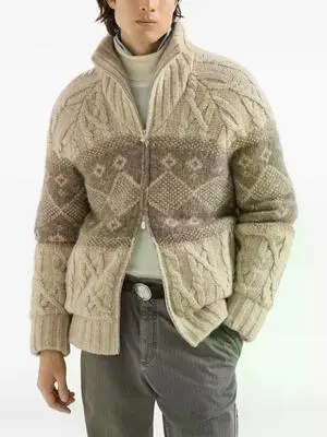 Brunello Cucinelli Virgin Wool, Silk And Cashmere Chiné Cable Knit Down Jacket With Intarsia