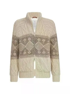 Brunello Cucinelli Brunello Cucinelli Virgin Wool, Silk And Cashmere Chiné Cable Knit Down Jacket With Intarsia Neutrals