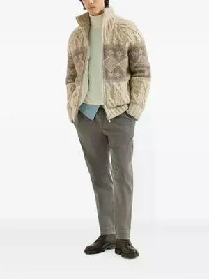 Brunello Cucinelli Virgin Wool, Silk And Cashmere Chiné Cable Knit Down Jacket With Intarsia - Neutrals