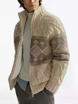 Brunello Cucinelli Virgin Wool, Silk And Cashmere Chiné Cable Knit Down Jacket With Intarsia - Neutrals