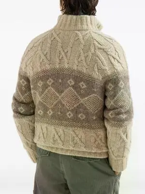 Brunello Cucinelli Virgin Wool, Silk And Cashmere Chiné Cable Knit Down Jacket With Intarsia - Neutrals