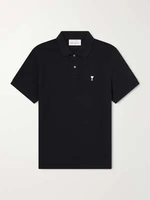 AMI Paris Logo-embroidered Cotton-piqué Polo Shirt - Black