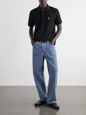 AMI Paris Logo-embroidered Cotton-piqué Polo Shirt - Black