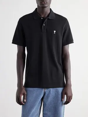 AMI Paris Logo-embroidered Cotton-piqué Polo Shirt - Black
