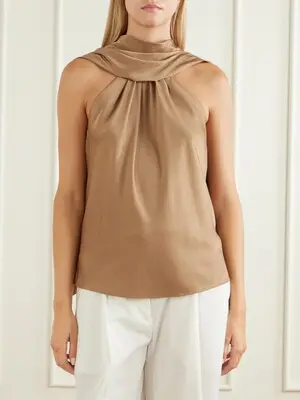 Simkhai Scarlett Gathered Satin Cape Top - Brown