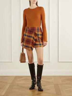 Escvdo Checked Asymmetric Alpaca Mini Skirt