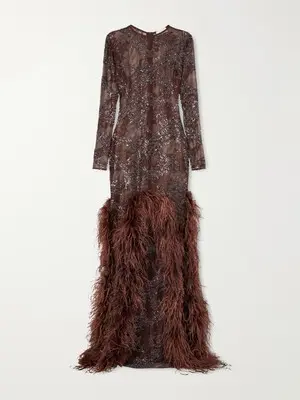 ILKYAZ OZEL Byblos Feather-trimmed Sequin-embellished Mesh Gown - Purple