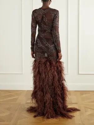 ILKYAZ OZEL Byblos Feather-trimmed Sequin-embellished Mesh Gown