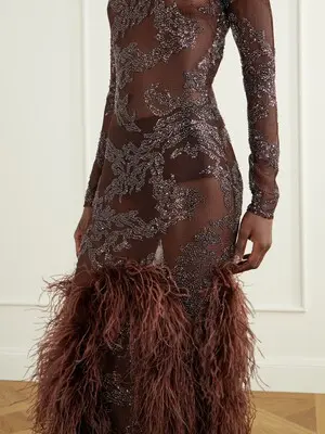ILKYAZ OZEL Byblos Feather-trimmed Sequin-embellished Mesh Gown