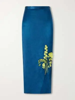Erdem Floral-embroidered Metallic Satin Midi Skirt - Navy