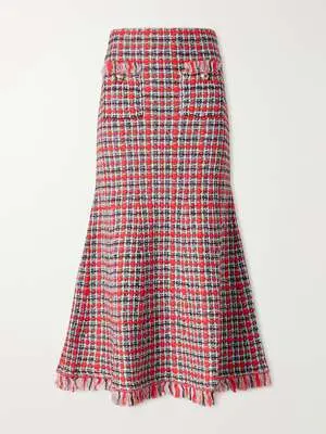 SELF-PORTRAIT Frayed Wool And Cotton-blend Tweed Midi Skirt - Red