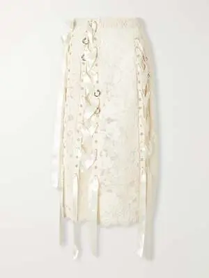 Simone Rocha Unraveling Ribbon Ring Asymmetric Embellished Lace And Satin Midi Skirt - Ecru