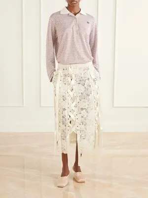 Simone Rocha Unraveling Ribbon Ring Asymmetric Embellished Lace And Satin Midi Skirt - Neutrals