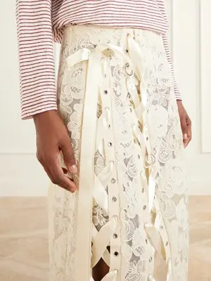 Simone Rocha Unraveling Ribbon Ring Asymmetric Embellished Lace And Satin Midi Skirt - Neutrals