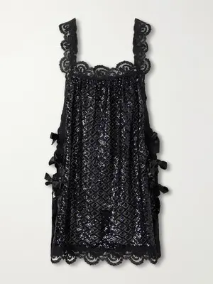 Loretta Caponi Fiocchini Bow-detailed Sequin-embellished Lace-trimmed Organza Mini Dress - Black