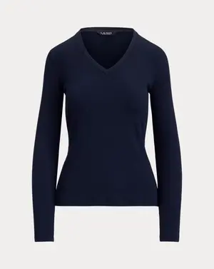 Ralph Lauren Rib-knit Long-sleeve V-neck Top - Navy