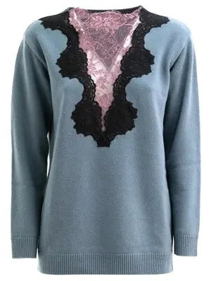 Valentino Garavani Wool Sweater With V-neck And Lace Inserts