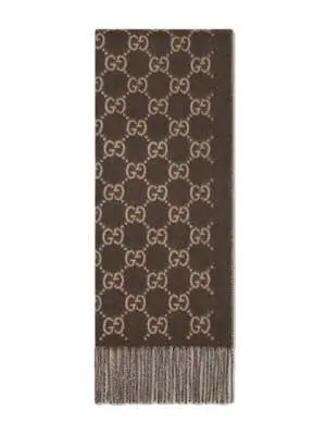 Gucci Gg Cashmere Scarf With Fringe Trim, 45 Cm X 190 Cm - Marrone