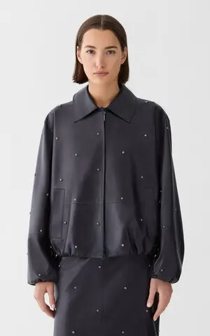 Lafayette 148 New York Studded Leather Bomber Jacket