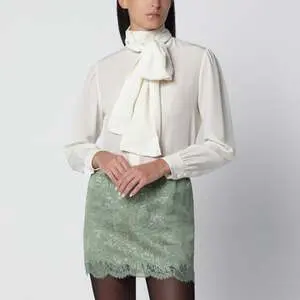 Saint Laurent Chalk Silk Lavallière-neck Blouse - Grey
