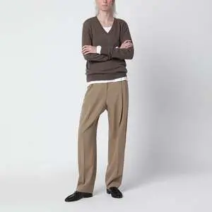 THE ROW Phora Taupe Cashmere V-neck Sweater