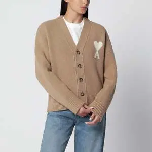AMI Paris De Coeur Cardigan In Alpaca Blend - Beige