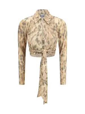 GANNI Printed Marl Mesh Tie Blouse - Cream