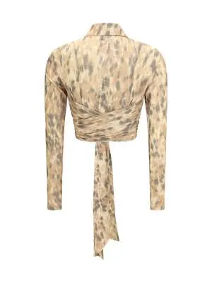 GANNI Printed Marl Mesh Tie Blouse