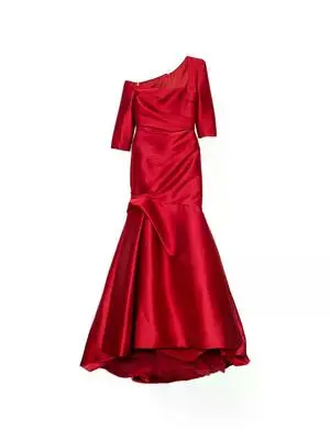 Monique Lhuillier Asymmetric-neckline Ruched Gown