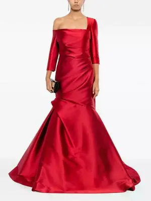 Monique Lhuillier Asymmetric-neckline Ruched Gown