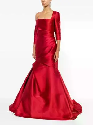 Monique Lhuillier Asymmetric-neckline Ruched Gown