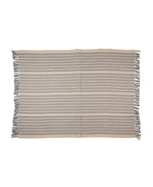 OLIVE GROVE Woven Cotton Blend Throw With Stripes And Fringe - Blue