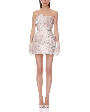 BRONX AND BRONCO Strapless 3d Metallic Floral Mini Dress