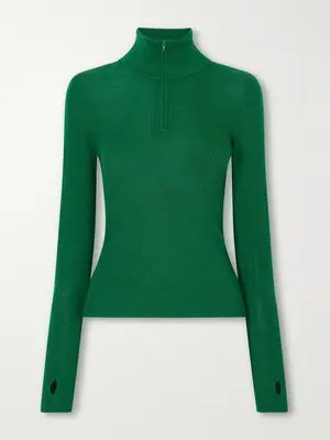 THE FRANKIE SHOP Ribbed Half-zip Wool And Silk-blend Sweater - Green