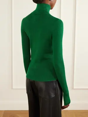 THE FRANKIE SHOP Ribbed Half-zip Wool And Silk-blend Sweater - Green