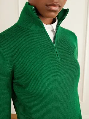 THE FRANKIE SHOP Ribbed Half-zip Wool And Silk-blend Sweater - Green