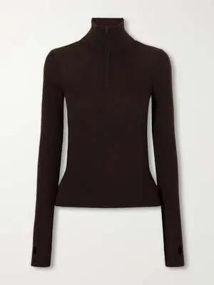THE FRANKIE SHOP Sade Ribbed Wool And Silk-blend Half-zip Sweater - Brown