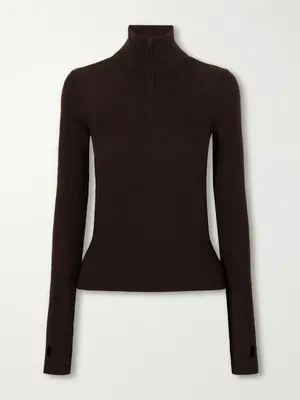 THE FRANKIE SHOP Sade Ribbed Wool And Silk-blend Half-zip Sweater - Brown