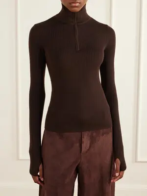 THE FRANKIE SHOP Sade Ribbed Wool And Silk-blend Half-zip Sweater - Brown