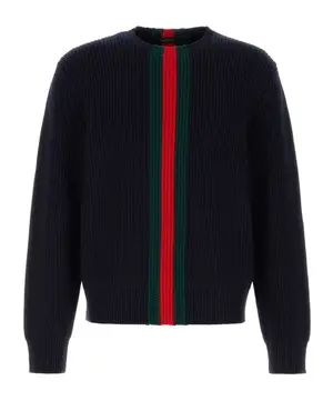 Gucci Fine Rib Wool Sweater With Web Detail - Dark Blue