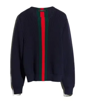 Gucci Fine Rib Wool Sweater With Web Detail - Dark Blue