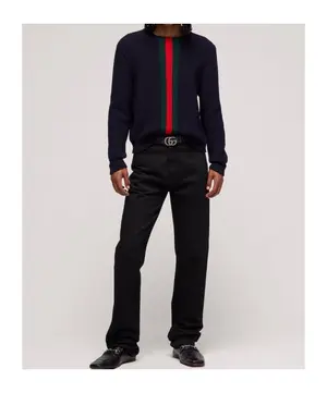 Gucci Fine Rib Wool Sweater With Web Detail - Dark Blue