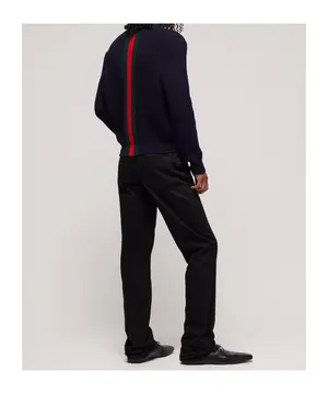 Gucci Fine Rib Wool Sweater With Web Detail - Dark Blue