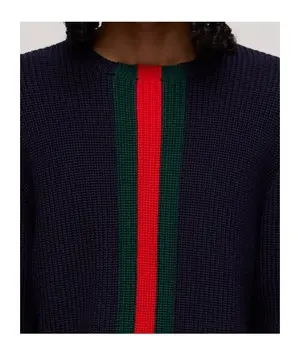 Gucci Fine Rib Wool Sweater With Web Detail - Dark Blue