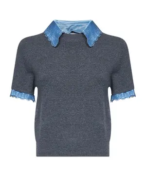Rabanne Embroidered-satin-trim Short-sleeve Sweater - Gray